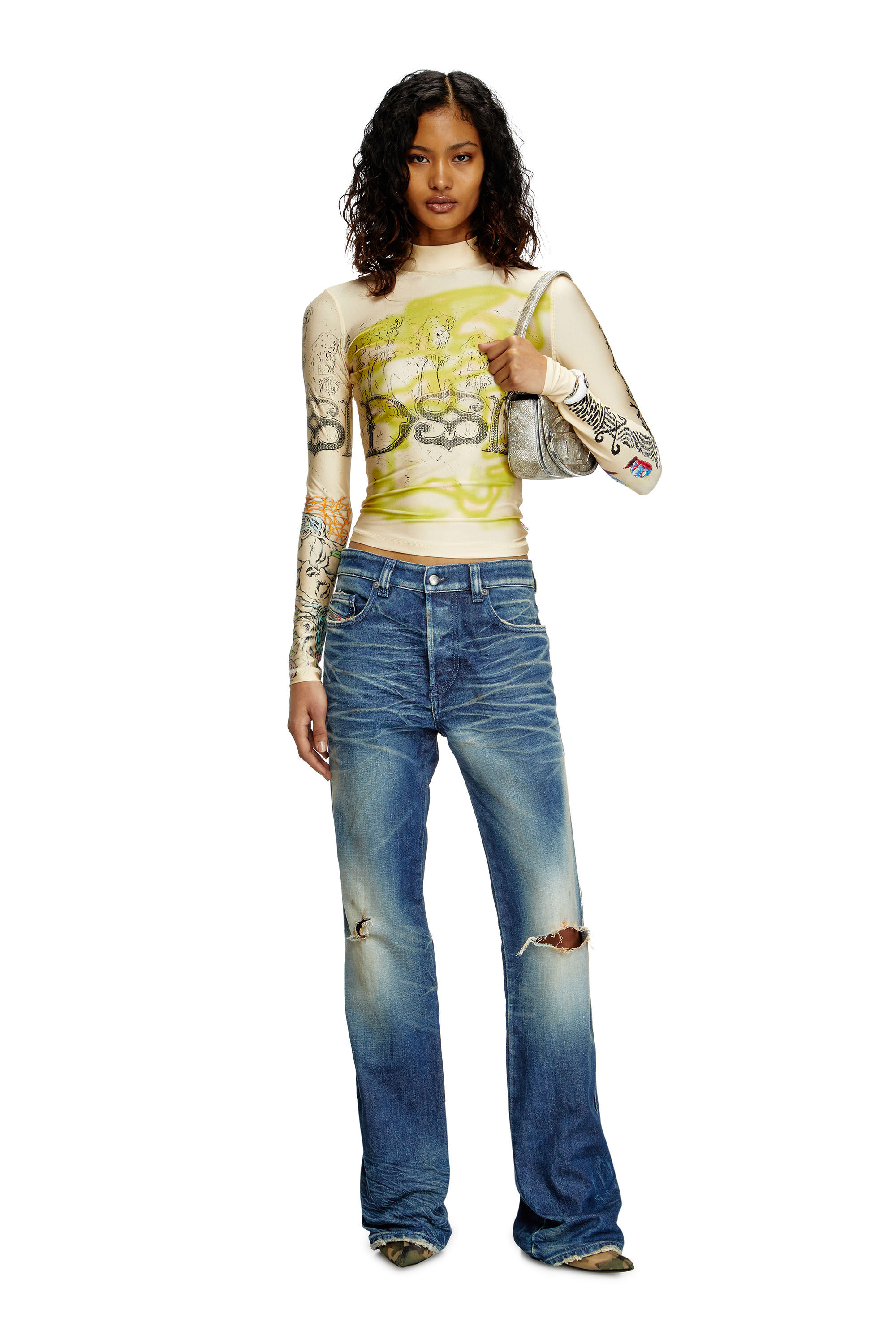 Women's Turtleneck top with tattoo print | Beige | Diesel Women's Turtleneck top with tattoo print | Beige | Diesel
